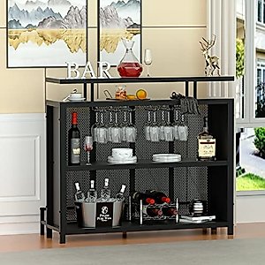 PAKASEPT Home Bar Unit, 3-Tier Liquor Bar Table with Wine Glasses Holder and Storage Shelves and Footrest, Wine Bar Cabinet for Home Kitchen Black