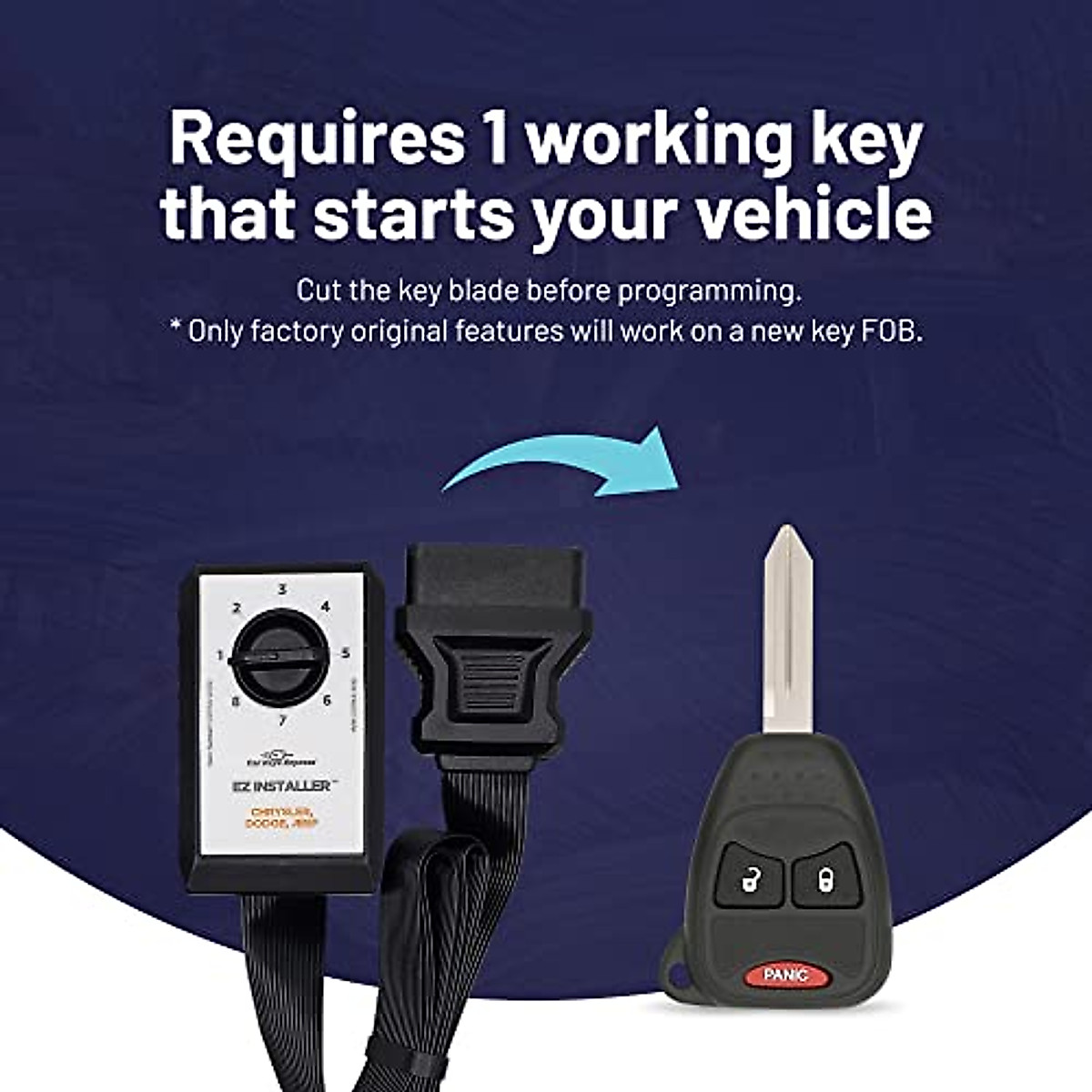 Simple Key Kit, Car Key with Fob and EZ Installer, Key Programming Tool Compatible with Chrysler, Dodge, Jeep, Key Programmer and a Key with 3-Button Remote Keypad (Lock, Unlock, Panic)
