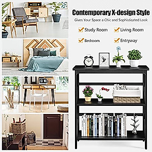 Tangkula 3-Tier Bookshelf, Vintage Wooden Bookcase with X-Style Frame, Anti-Toppling Device, Open Shelf Bookcase for Entryway Living Room Home Office, Multifunctional Storage Shelf (Black)