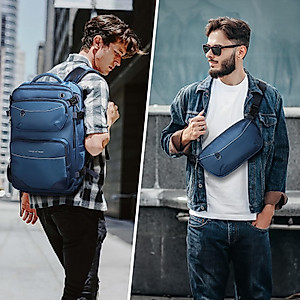 Maelstrom Travel Backpack for Men Women, 35L Carry-on Backpack for Traveling on Airplane,with Fashion Belt Bag,Waterproof Casual Daypack fit 17”Laptop-Navy Blue, Large