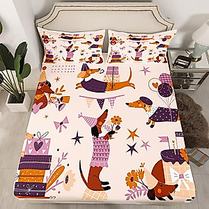 Dachshund Kids Sheet Set Sausage Dog Bed Sheets Set for Boys Children Teens Bedroom Decor Cute Puppy Dog Sheets with Deep Pocket Fitted Sheet Happy Festival Bedding Set Queen Size with 2 Pillow Case