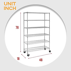 6-Tier Storage Shelves Wire Shelving with Wheels Heavy Duty Metal Shelves Tall Steel Shelving Units Adjustable 6000lbs Capacity Rolling Shelf Racks for Restaurant Garage Pantry Kitchen, Chrome