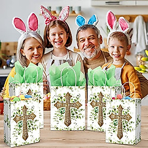 16 Pack Easter Gift Bags with Tissue Handles Easter Goodie Bag Easter Paper Tote Bag He Is Risen Cross Sign Easter Party Treat Bags for Egg Hunts Candy Treat Gifts Supplies