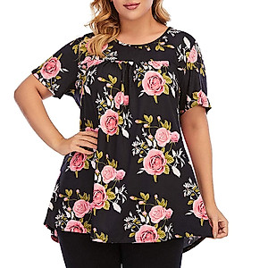 Bravetoshop Plus-Size Tops for Women Short Sleeve Round Neck Casual Tunic Tops Summer Loose Blouse (Black,XL)
