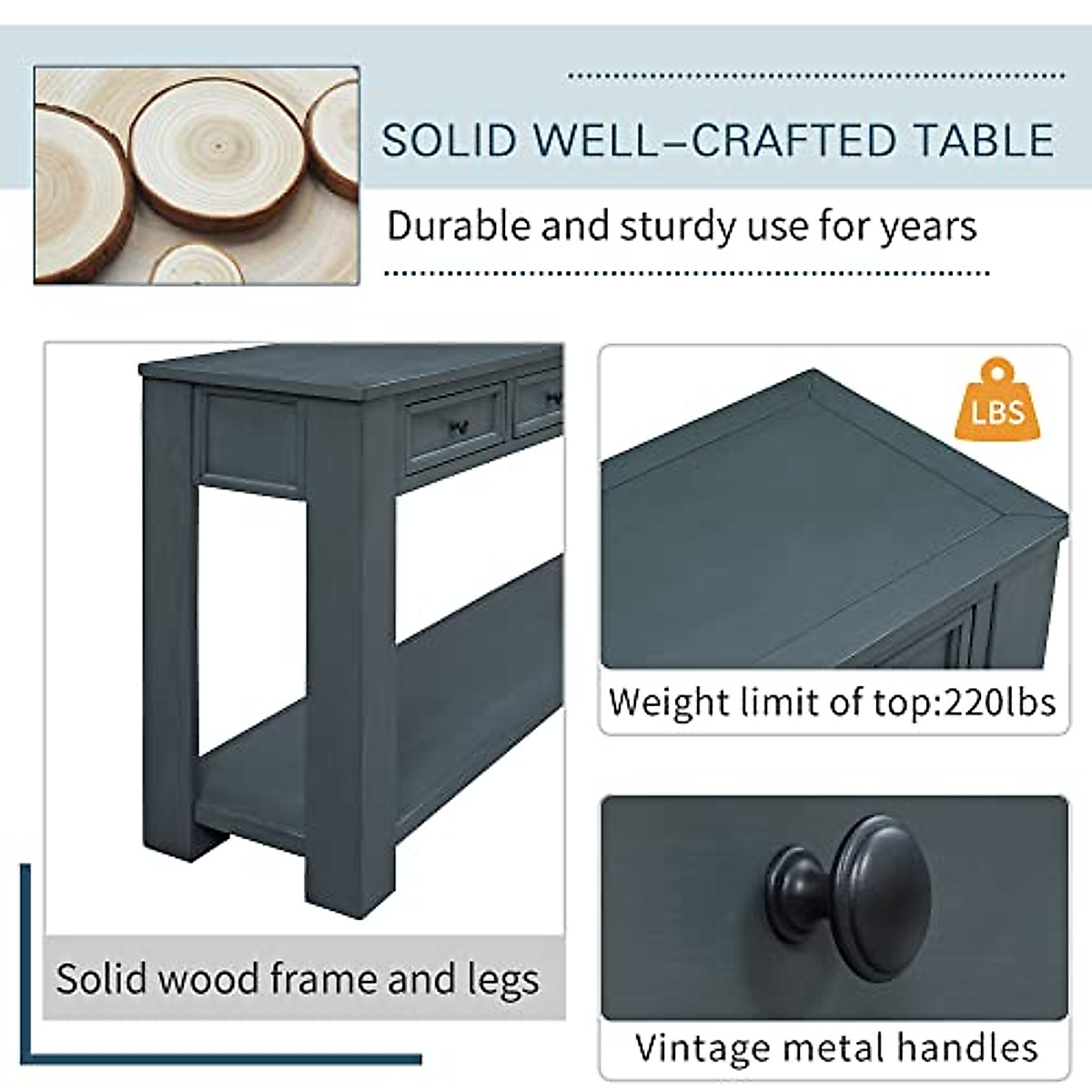 Goohome Rustic Entryway Console Sofa Table with 4 Drawers and Bottom Shelf, Large Storage Space for Living Room Kitchen Hallway Bedroom, Navy