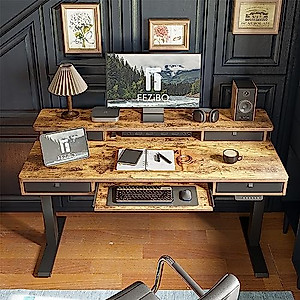 FEZIBO Height Adjustable Electric Standing Desk with 4 Drawers and keyboard tray, 48 x 24 Inch Table with Storage Shelf, Sit Stand Desk with Splice Board, Rustic Brown