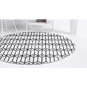 Rugs.com Lattice Trellis Collection Rug – 8 Ft Round White Low-Pile Rug Perfect for Kitchens, Dining Rooms