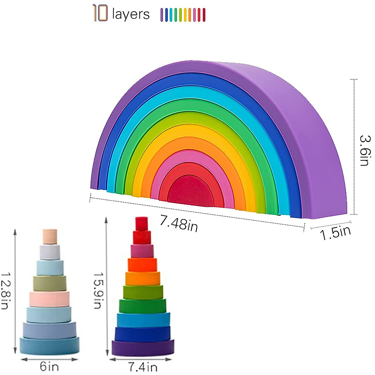 Youuys Silicone Rainbow Stacking Toy - 10 Pcs Rainbow Stacker Building Blocks Montessori Toys for Toddlers