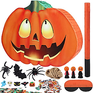 Halloween Pumpkin Piñata - 74pc Set: Complete Party Game with Toys, Goodie Bags, Bat & Blindfold - Perfect for Kids' Birthdays, Classroom Prizes & Festive Decorations