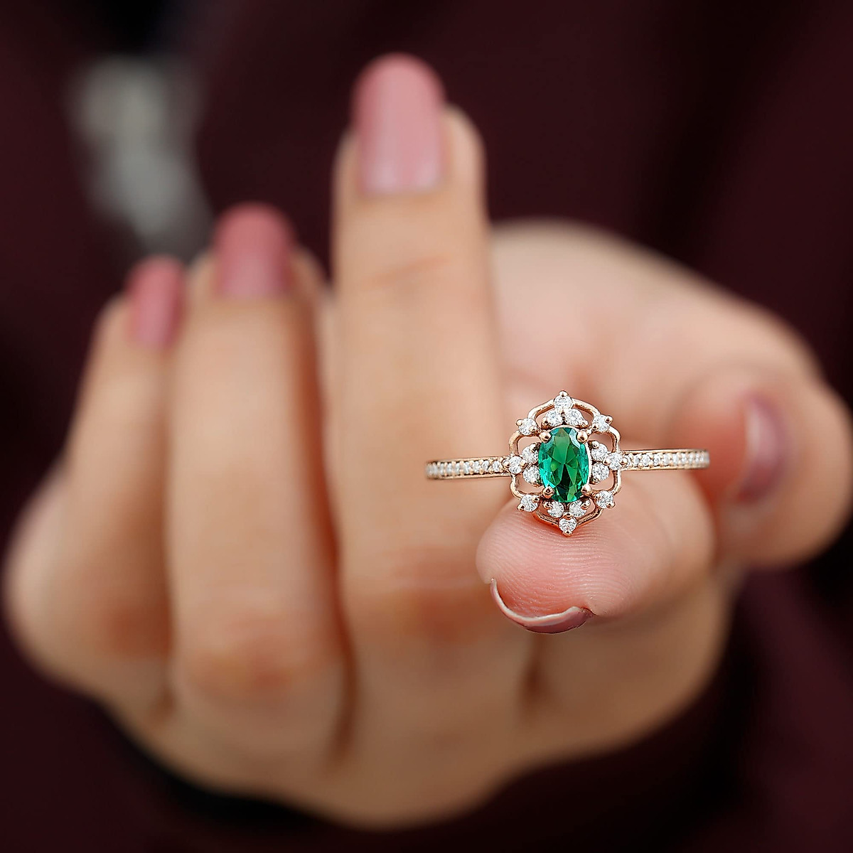 Created Emerald and Diamond Vintage Flower Engagement Ring | AAAA Quality, 14K Rose Gold, Size:US 10.50