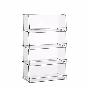 Set of 4 Clear Pantry Organizer Bins Stackable Household Plastic Food Storage Basket with Wide Open Front for Kitchen, Countertops, Cabinets, Refrigerator, Freezer, Bedrooms, Bathrooms - 12" Wide