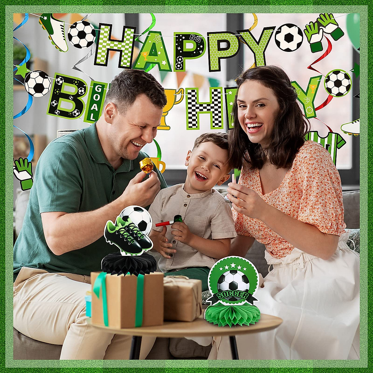 16 Pcs Soccer Birthday Party Decorations Soccer Party Supplies Include Soccer Happy Birthday Banner, Paper Cutouts, Honeycomb Centerpiece, Soccer Hanging Swirl for Boys Kids Sports Football Parties