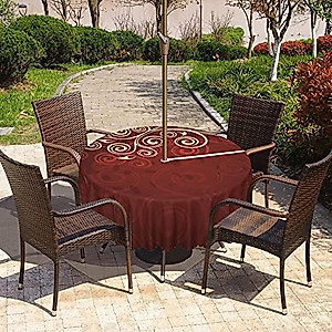 Lirduipu Burgundy Pattern Round Outdoor Tablecloth,Round Tablecloth with Umbrella Hole and Zipper for Patio Garden,Waterproof Spill-Proof,for Outdoor Umbrella Table(52" Round,Cream Ruby)