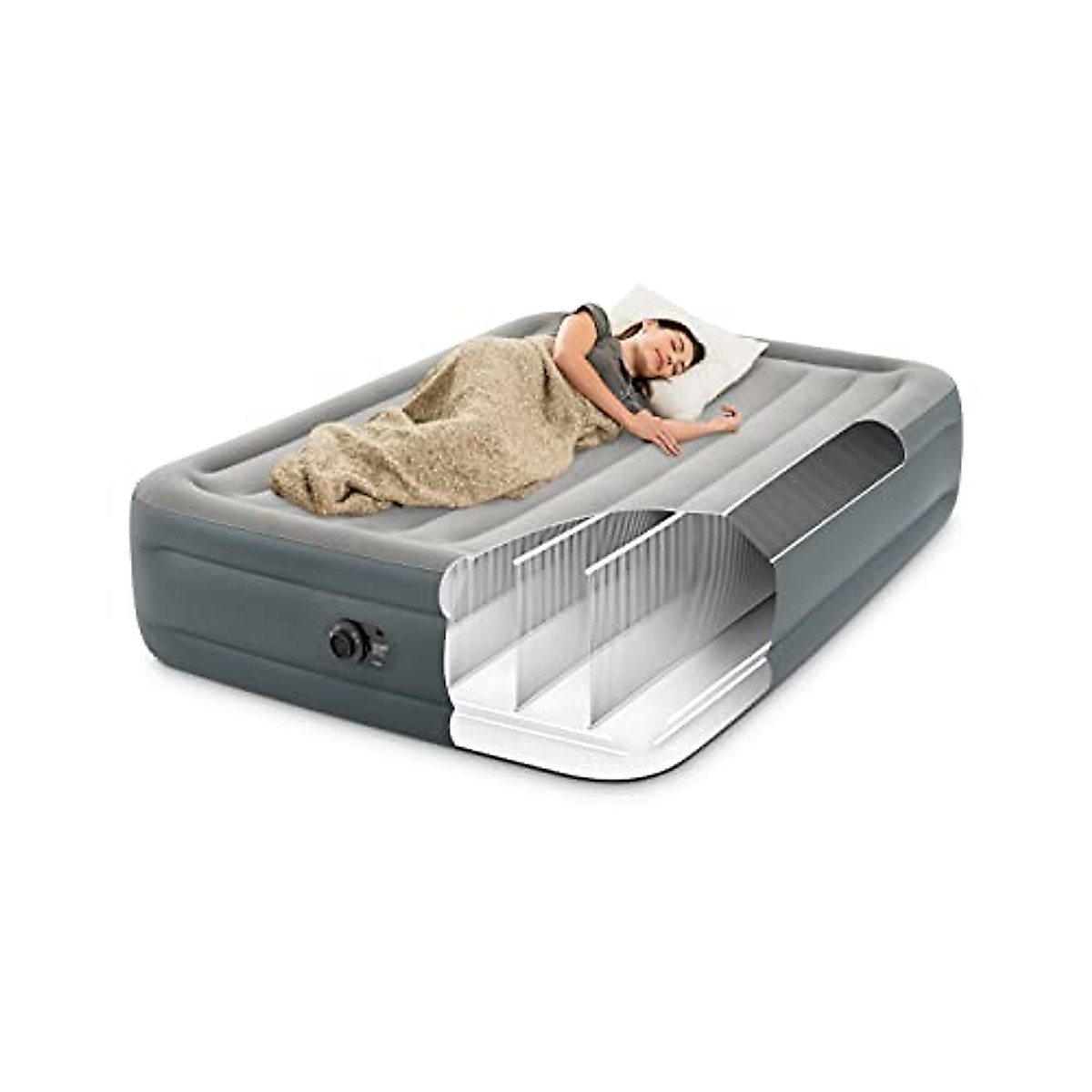 INTEX 64125ED Dura-Beam Plus Essential Rest Air Mattress: Fiber-Tech – Queen Size – Built-in Electric Pump – 18in Bed Height – 600lb Weight Capacity