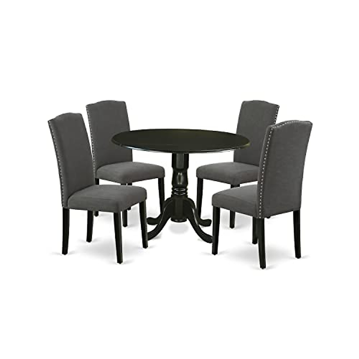 East West Furniture DLEN5-BLK-20 5Pc Round 42" Kitchen Table With Two 9-Inch Drop Leaves And Four Parson Chair With Black Leg And Linen Fabric Dark Gotham Grey, 5