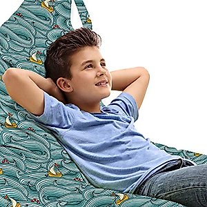 Lunarable Ship Lounger Chair Bag, Hand Drawn Ocean Illustration with Abstract Blue Waves Life Sailboats, High Capacity Storage with Handle Container, Lounger Size, Turquoise Yellow Red