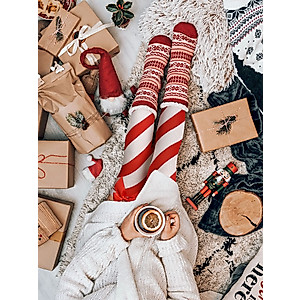 Eurzom 4 Pairs Christmas Striped Socks Red and White Striped Socks Women Long Striped Candy Cane Knee High Socks Leg Stockings for Women