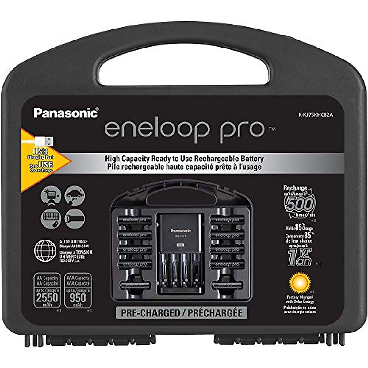 Panasonic K-KJ75KHC82A eneloop pro High Capacity Rechargeable Batteries Power Pack 8AA, 2AAA, Advanced Battery Charger with USB Charging Port and Plastic Storage Case
