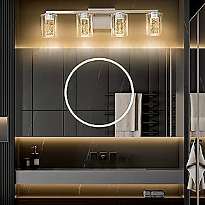 SineRise 4-Light Brushed Nickel Vanity Light with 3 Color Modes (3000K/4000K/6500K), Eye Protection LED Bathroom Light Fixture, Dimmable Modern Wall Light Over Mirror with Clear Glass Shades