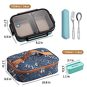 YBOBK HOME Portable Thermal Bento Lunch Box, 2 Compartments Divided Lunch Container For Adult To Work, 18/8 Stainless Steel Leak-Proof Food Container With Insulated Bag & Sauce Box (Blue 34oz)