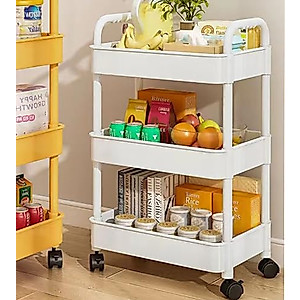 3-Tier Plastic Rolling Utility Cart Storage Cart Organizer with Wheels Small Laundry Room Cart for Dorm Organization Bathroom Kitchen Office (White)