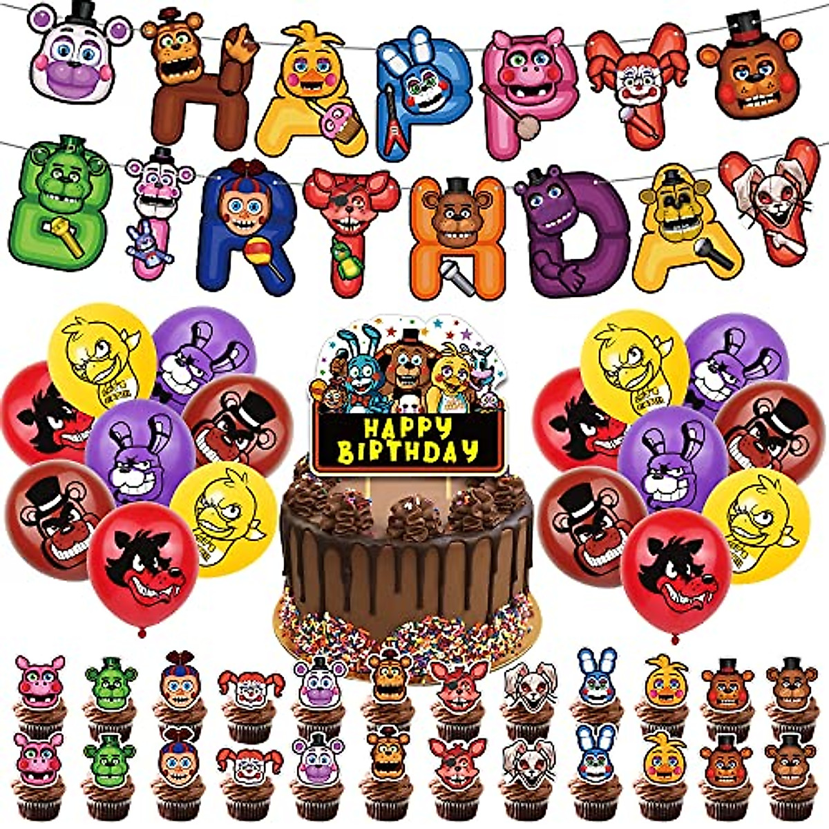 Birthday Party Supplies, Five Nights at Freddy Includes Banner, Tablecloth, Cake Topper - 24 Cupcake Toppers - 20 Balloons and Backdrop