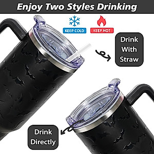 qynspngs 40 oz Halloween Tumbler with Lid and Straw - 5D Bat Print Tumblers with Handle Halloween Stainless Steel Insulated Travel Cup Black Coffee Cups Gifts for Women Men Adults
