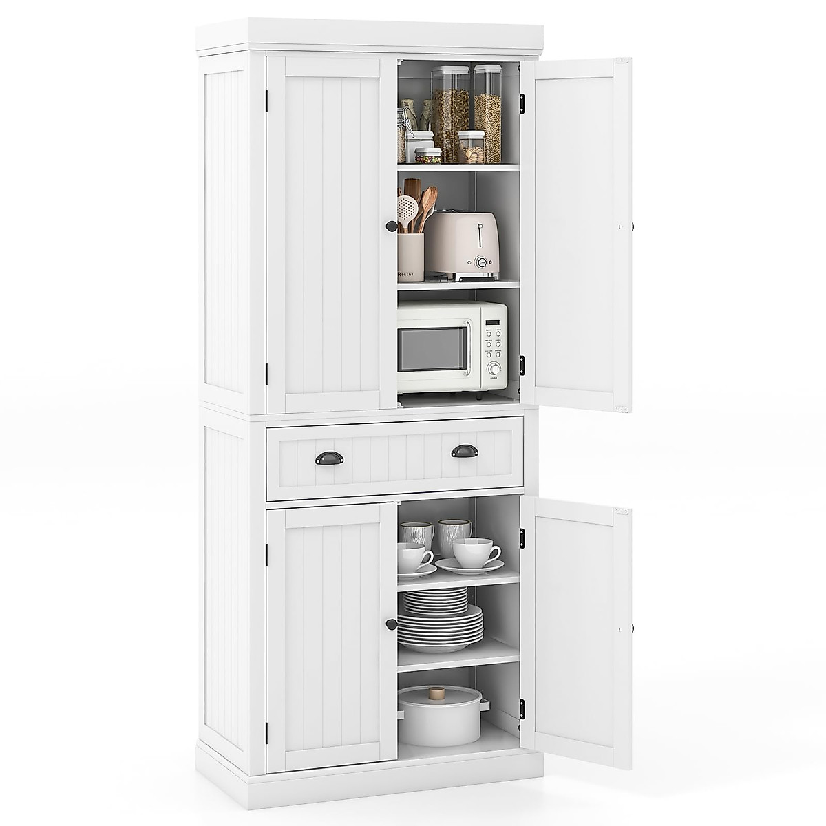 Tangkula 72" H Kitchen Pantry Cupboard Cabinet, Traditional Freestanding Large Tall Storage Cabinet with 2 Cabinets and Drawer, Adjustable Shelves, for Living Room Kitchen, 30 x 16 x 72 Inch