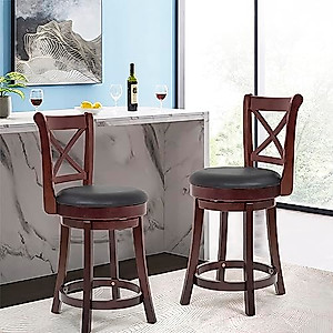 YIQIEDEY Bar Stools,Counter Bar Height Stools with X-Back,Wooden Low Back Bar Stools with 360 Degree Swivel,Kitchen Barstools with PU Leather Upholstery,Brown(39.4" H)