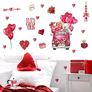 Valentine's Day Love Wall Decals Red Truck Balloon Window Clings Wall Stickers Rose Diamond Ring Romantic Decals Removable Peel and Stick Murals for Home Bedroom Living Room Wedding Anniversary Decor