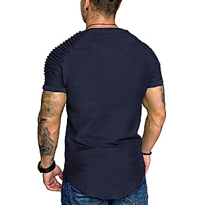 COOFANDY Mens Stylish Shirts Pleated Sleeve Fashion Hip Hop Tee Navy Blue L