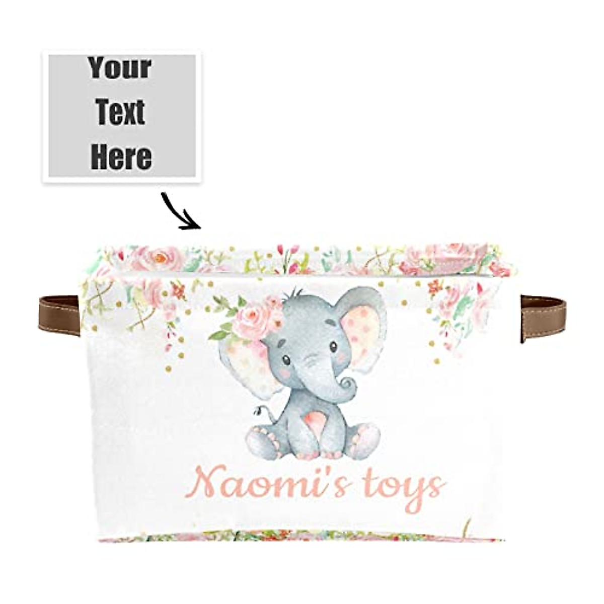 Joyestore Pink Flower Elephant Personalized Storage Bins ,Baskets Cubes Organizer with Handle for Shelves Closet Nursery Toy 4 Packs