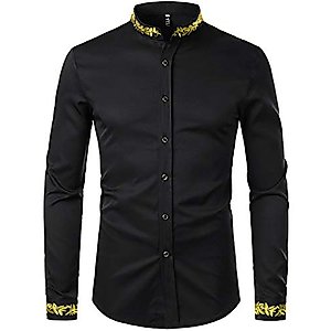 ZEROYAA Men's Luxury Gold Embroidery Design Slim Fit Long Sleeve Button Up Dress Shirts ZHCL44-Black Large