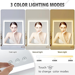 Vanity Mirror with Lights,10"x12" Lighted Makeup Mirror, 3 Colors Dimmable, 360 Degree Rotation Makeup Mirror with Lights, Dual Power Supply, Portable Led Makeup Mirror, Smart Touch Control (White)