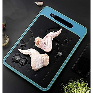 Defrosting Tray - 2-in-1 Meat Thaw Mat and Cutting Board - Groove Tray - Non-Stick Thawing Plate - Meat Cutting Board - No Heat Miracle Thaw - Compact - Knife Sharpener, Zester - Green/Blue