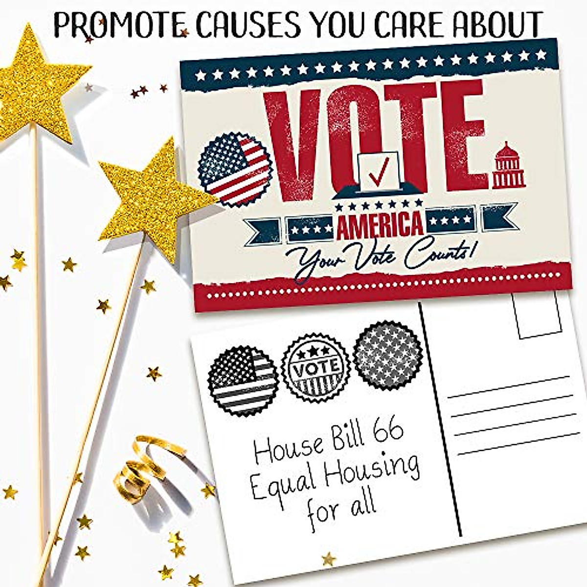Vote Postcards Bulk - Your Vote Counts - Set of 100 - 4x6 Standard Size - US Flag Post Card Political Activism, Great Election Supplies, Fun and Eye-Catching Design Postcards for Family and Friends
