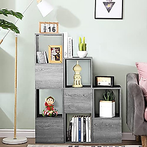 Tangkula Wooden Cube Bookcase, Freely Combined Storage Bookshelf with 9 lattices, Modern DIY Irregular Bookcase for Living Room, Stepped Bookcase and Bookshelves for Home Office Decor (Grey)