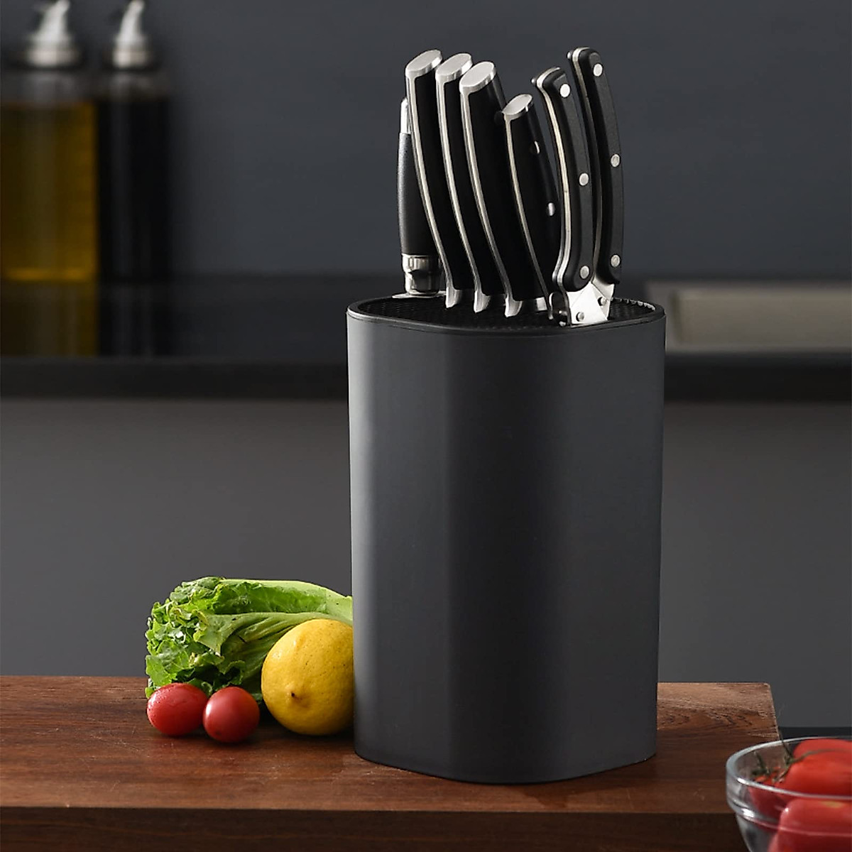 Universal Knife Block, Safe Knife Holder Storage with Slots for Scissors and Sharpening Rod, Detachable for Easy Cleaning, Space Saver Knife Organizer, Unique Slot Design to Protect Blade (Black)