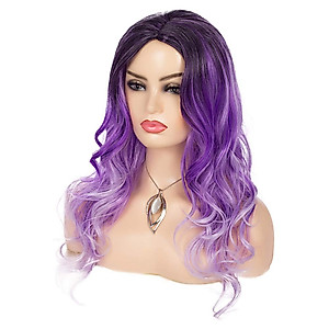 Wiwige Long Curly Wavy Ombre Purple Wigs for Women Synthetic Natural Middle Part Daily Party Halloween Cosplay Wig with Wig Cap 21"