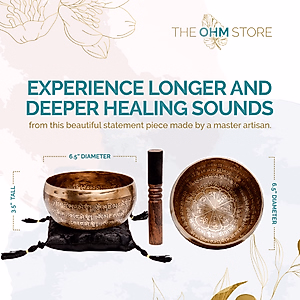 Ancient Design Large Etched Tibetan Singing Bowl Set by Ohm Store — Relaxing Deep Tone Meditation Sound Bowl and Wooden Mallet Handcrafted in Nepal — Purity Bowl (About 6 Inch)