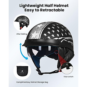 ILM Half Helmet Motorcycle Open Face Sun Visor Quick Release Buckle DOT Approved Cycling Motocross Suits Men Women 205V (L, Patriotic Flag)
