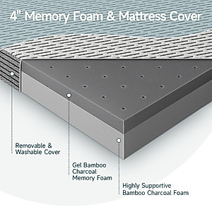 4 Inch Gel Bamboo Charcoal Memory Foam Mattress Topper with Removable Soft Cover, Queen Size, Dual Layer Foam Bed Topper for Back Pain, Pressure Relief, Soft Firmness - CertiPUR-US Certified