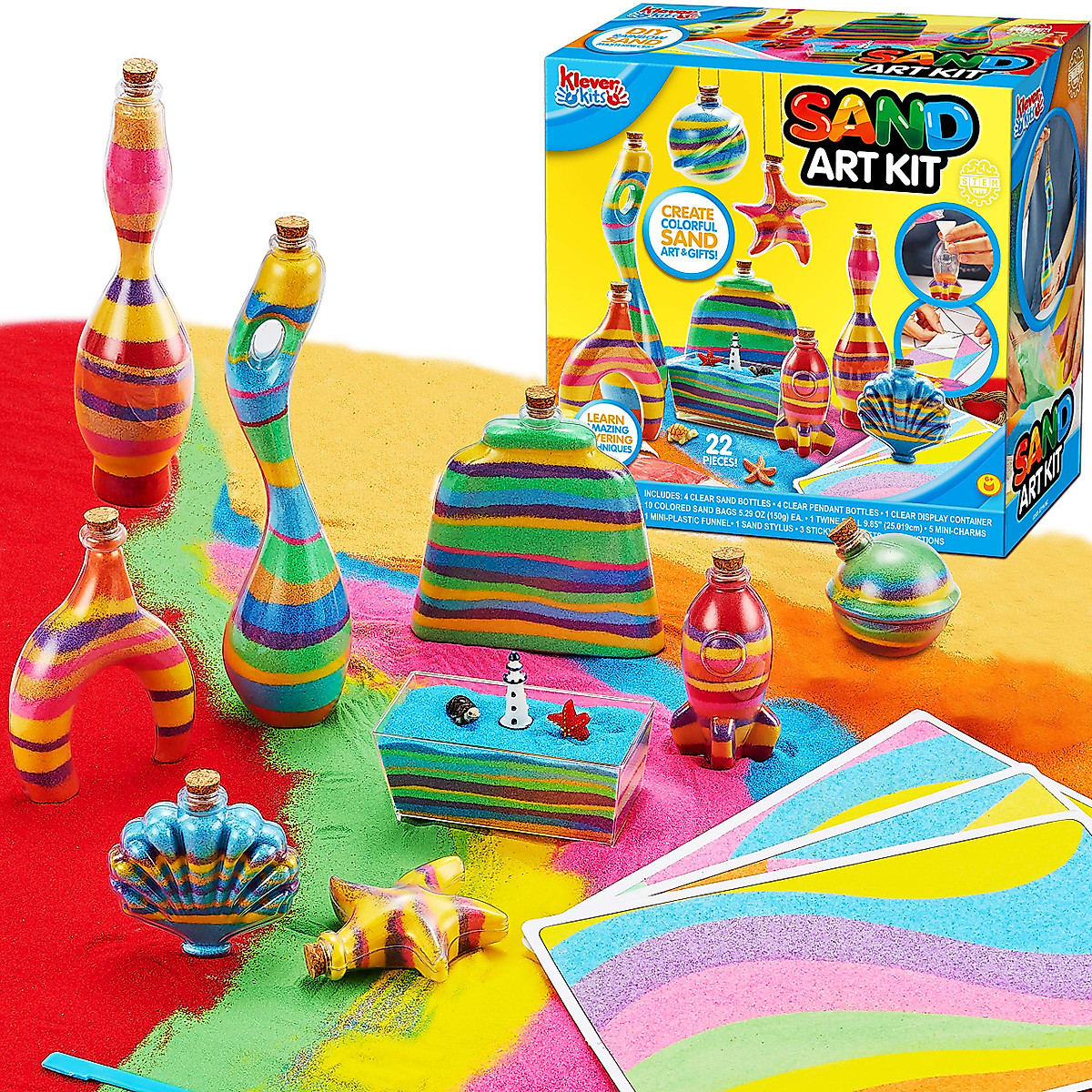 JOYIN 22PCS Sand Art - Sand Art Kits for Kids, Arts & Crafts for Kids Includes 5 Sand Art Bottles, 4 Pendent Bottles, 3 Sticky Art Sheets with 10 Bright Colors, DIY Crafts Gifts for Boys and Girls
