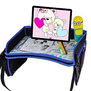 New Kids Travel Tray for Car Roadtrip, Fits in Airplane and Baby Carseats, Waterproof Top, Side Pockets & Bottle Holder, 16.9 x 12.6 Inches (Blue/Black)