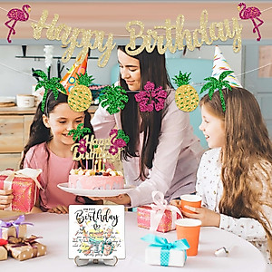 Glitter Tropical Happy Birthday Banner Luau Birthday Banner and Birthday Cake Toppers Flamingo Flower Banner for Summer Birthday Party Decorations Theme Baby Shower Supplies