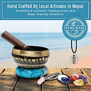 Tibetan Singing Bowl Set -Rose Quartz Pendant - 7 Chakra Crystal stones with Cage Necklace- For Meditation, Mindfulness, Yoga and Spiritual Healing and Energy Cleansing (3.5", Blue)
