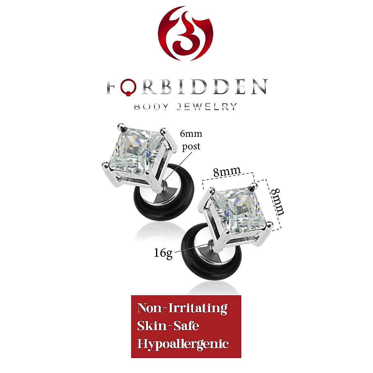 16g Surgical Steel Square Crystal Dia Cut Cheater Plug Earrings (Clear CZ)