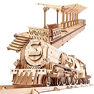 Ugears Bundle - V-Express Train & Platform- STEAM 3D Mechanical Wooden Models for Self Assembly, Wooden Box Craft, Vintage Locomotive DIY, Automata Kit Gift, Kinetic Art