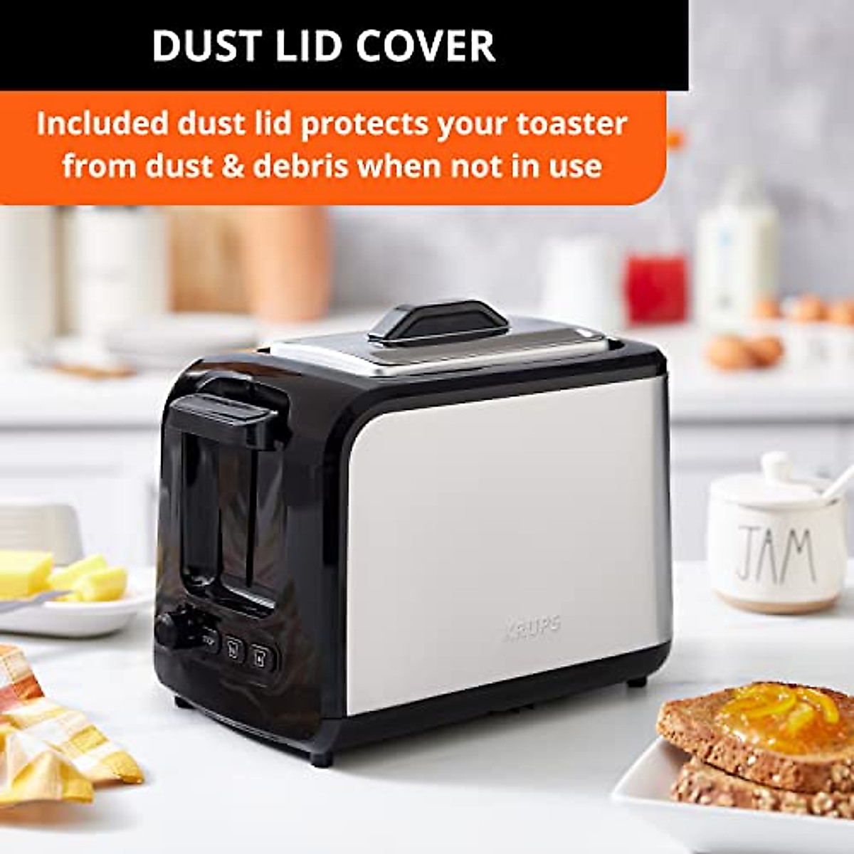 KRUPS Krups Express Toaster KH411D50 Stainless Steel Toaster with Wide Slots, Includes Dust Lid & Crumb Tray, Defrost, Reheat, 7 Browning Levels, 2 Slice, Stainless Steel