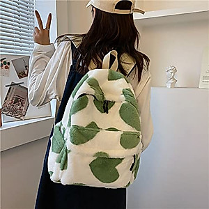 Tomato City Fuzzy Backpack Fluffy School Shoulder Bag Purse Pink Heart Pattern (Green Heart,Faux Fur), Medium